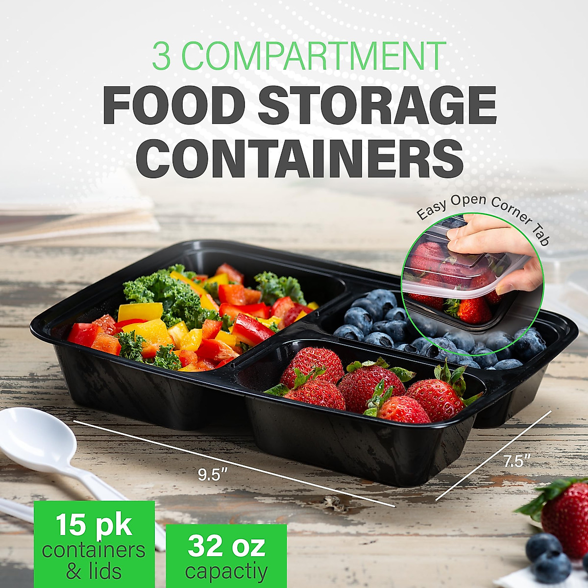 Ez Prepa 15 Pack 32oz 3 Compartment Meal Prep Containers with Lids -Food Storage Containers Plastic, Bento Box, Lunch Containers, Microwavable, Freezer and Dishwasher Safe, Food Containers