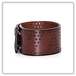 Mgutillart Punk Vintage Alloy Buckle Wristband Hollow Out Wide Leather Cuff Bracelet(Brown)