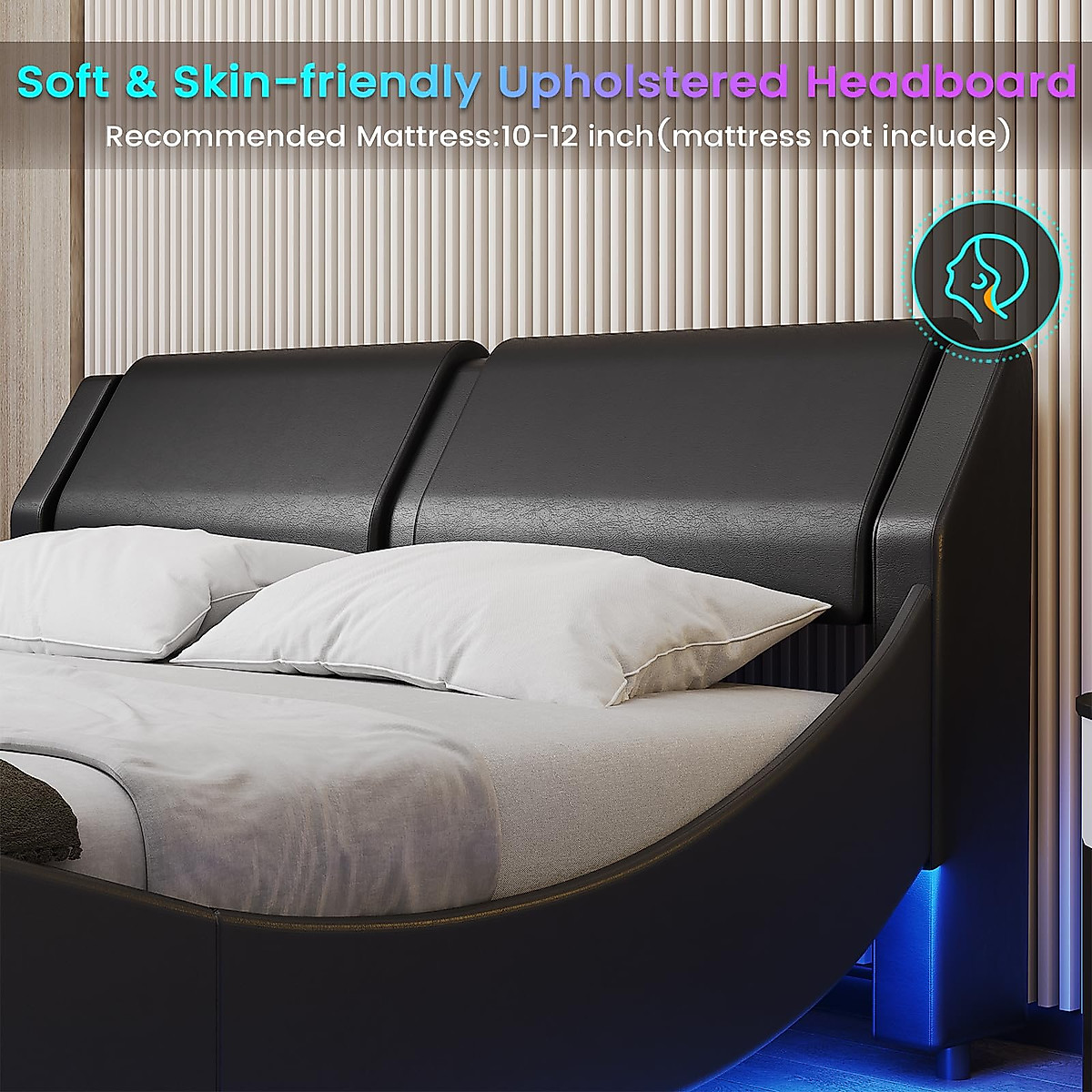DICTAC King Led Bed Frame Modern Faux Leather Low Profile Platform Bed Frame King Size with RGB LED Lights and Headboard Wave Like Curve King Bed Frame,Wood Slats Support,Easy Assembly,Black