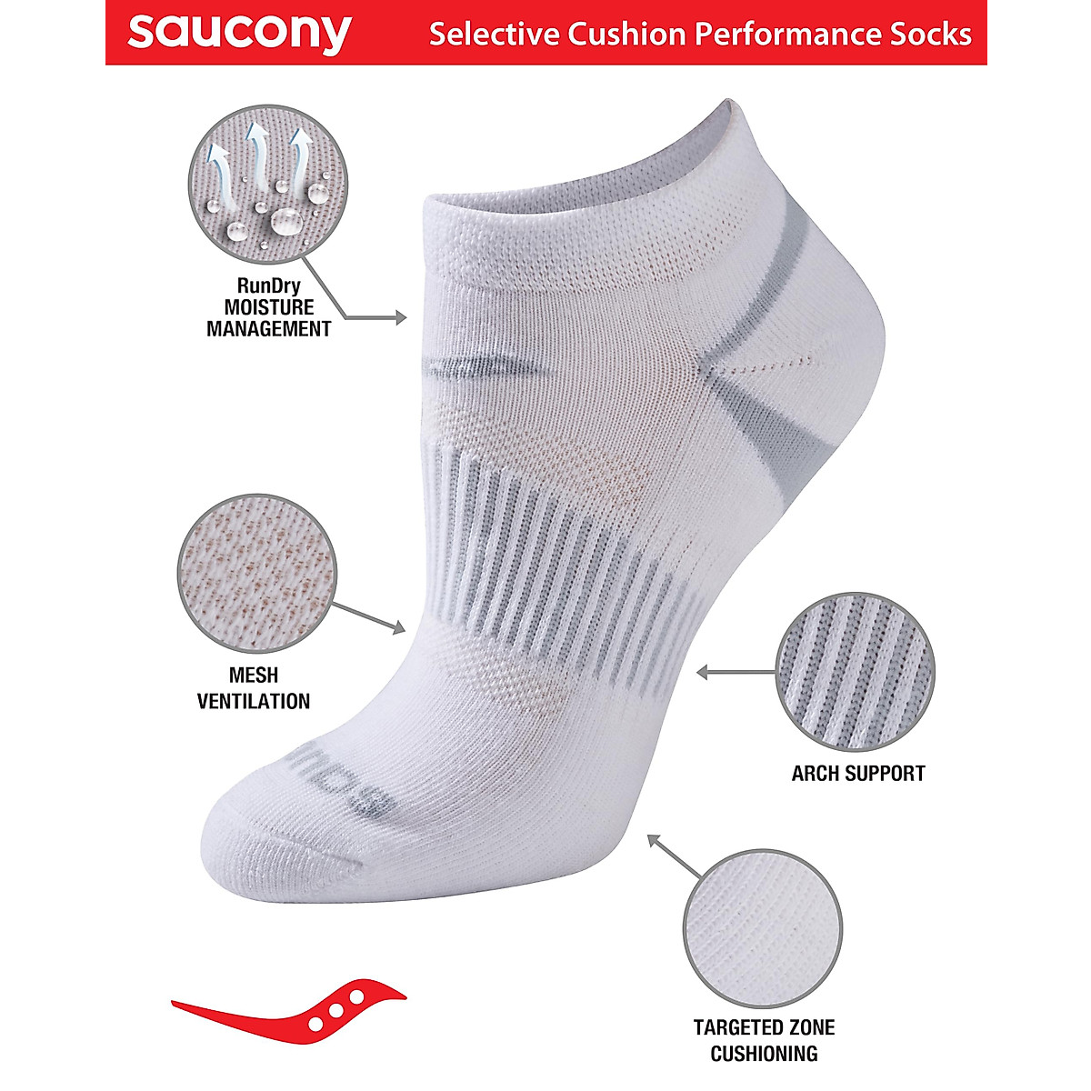 Saucony Women's RunDry Performance 6, 12 Selective Cushion Socks, S-L, White Basic (6 Pairs), Medium
