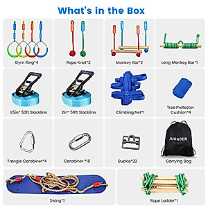 Jugader 2x52ft Ninja Warrior Obstacle Course for Kids with 12 Accessories, Swing, Monkey Bars, Climbing Net, Gymnastic Rings, Rope Ladder and Knots for Backyard