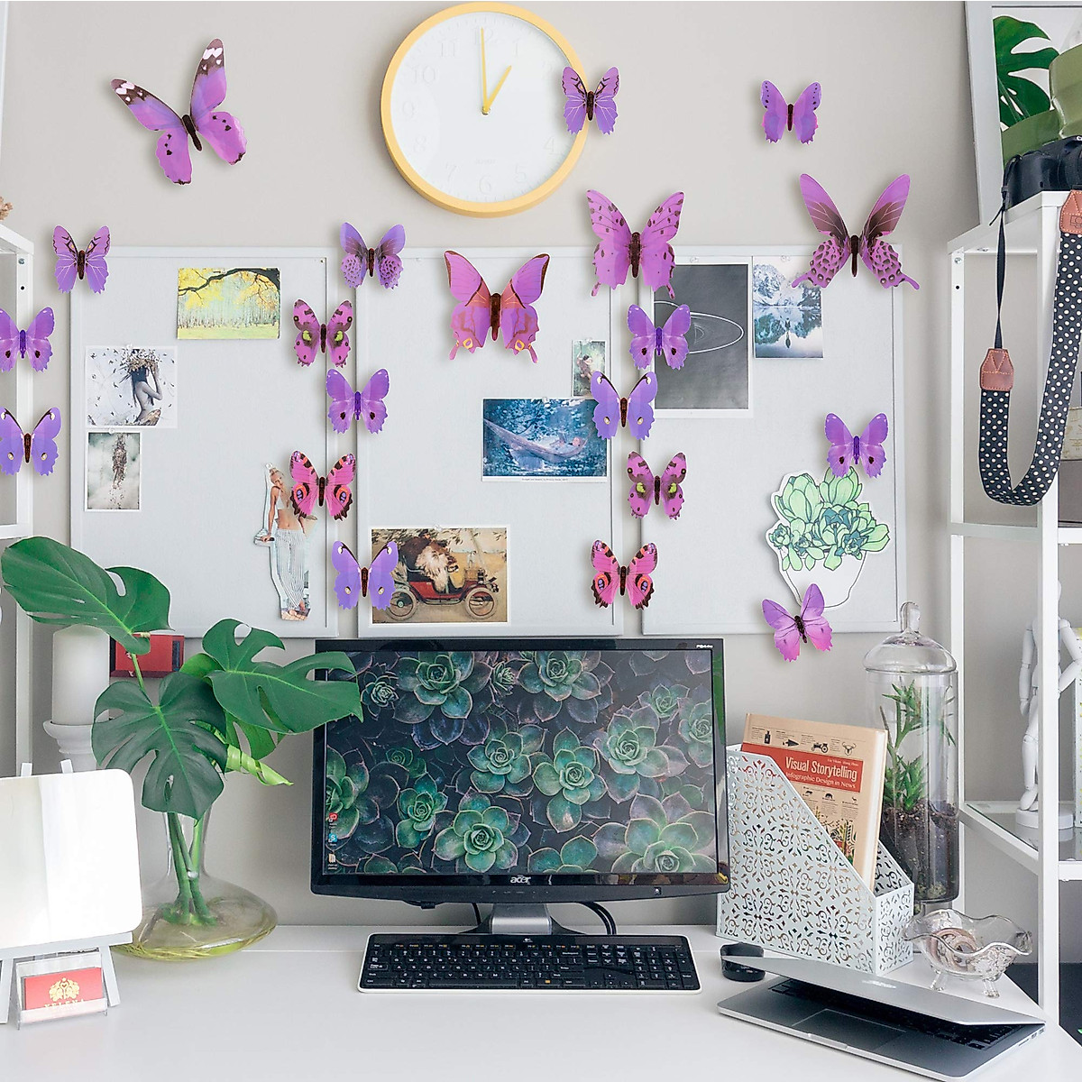 48 PCS Removable 3D Butterfly Wall Stickers Decals DIY Wall Art Decor Home Wall Decoration Sticker Mural for Kids Girls Children Bedroom Living Room Background Nursery (Purple)