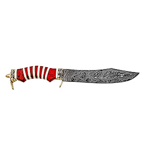 Damascus Steel Hunting Knife - Fixed Blade Knives with Sheath - Handle Combination of Walnut Wood and Camel Bone with Brass Spacer (RW)