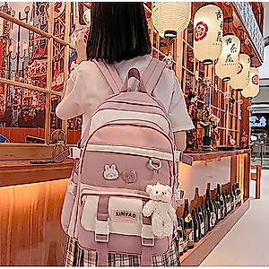 Phaoullzon Kawaii Backpack for School Aesthetic Bookbag Cute Anime Backpacks for Girls with Pins and Pendant, Pink