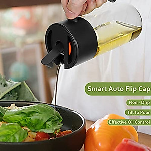 TrendPlain Olive Oil and Vinegar Dispenser Bottle for Kitchen - One Pinch Open & Auto Flip Cap Oil Dispenser with Measurements - Olive Oil Bottle with Non-Drip Spout (500ml/17oz) Black