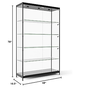 Displays2go 48 Inch Glass Display Case, Nine LED Lights, Four Shelves, Lockable Hinged Doors - Black (LESC4816BK)