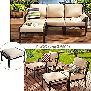 LOKATSE HOME Patio Ottoman Metal Cushion Foot Rest Modern Outdoor Furniture Small Seat for Garden Yard Deck Poolside, Beige