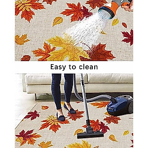 Autumn Maple Leaf Indoor/Outdoor Rug Mat Fall Thanksgiving Day Outside Carpet RV Camping Area Rugs with Rubber Backing for Living Room/Backyard Floor Decor Falling Leaves Seamless on Linen,4x6ft
