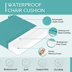 LOVTEX 19x19 Outdoor Chair Cushions Set of 2, Waterproof Patio Cushions for Outdoor Furniture with Removable Cover, Thick Outdoor Seat Cushions for Chairs with Straps and Portable Handle(Teal)