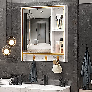 LVSOMT 24'' X 28'' Wall Mounted Bathroom Medicine Cabinet with Mirror, Aluminum Hanging Storage Organizer, Vanity Mirrored Cabinet with 4 Shelves, 3 Towel Hooks, 1 Makeup Bag (Marble White)