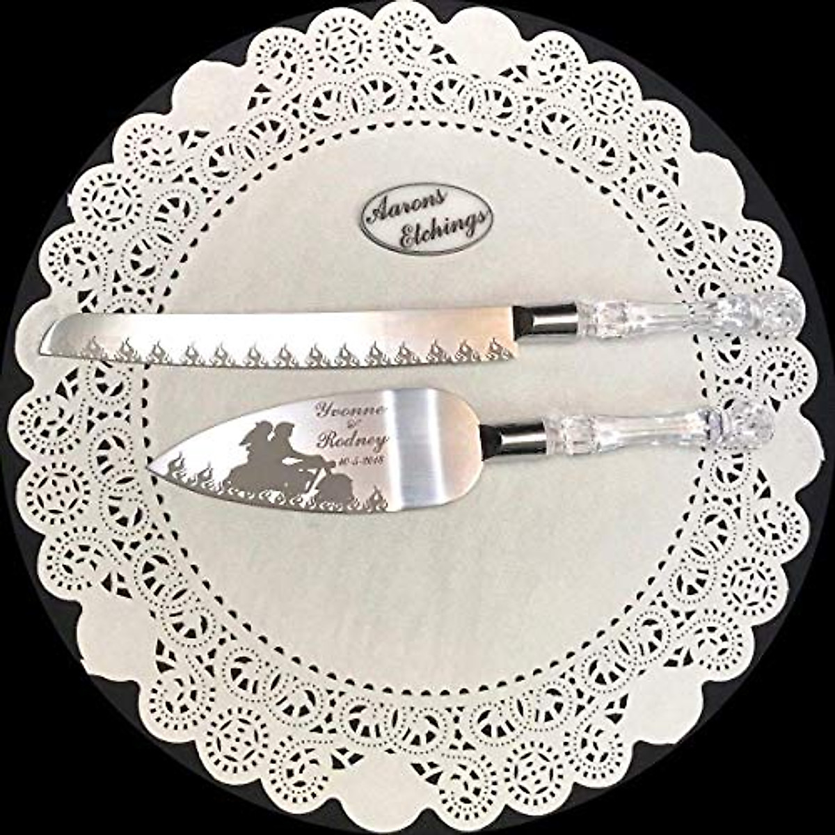 Aaron's Etching Flaming Motorcycle Biker Engraved Wedding Cake Knife/Server Set with Names and Date