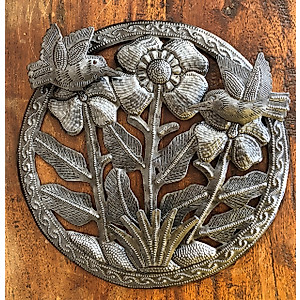 It's Cactus Small Floral Garden Decor, Wall Plaque, Hummingbirds and Flowers, Haitian Metal Art, 10 Inches Round