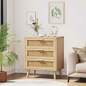 Rovaurx Rattan Nightstand with Charging Station, Night Stand with 3 Drawers, 23.6" W Bedside End Table for Bedroom, Side Table with Solid Wood Legs, Boho Style, Natural RCTG110ME