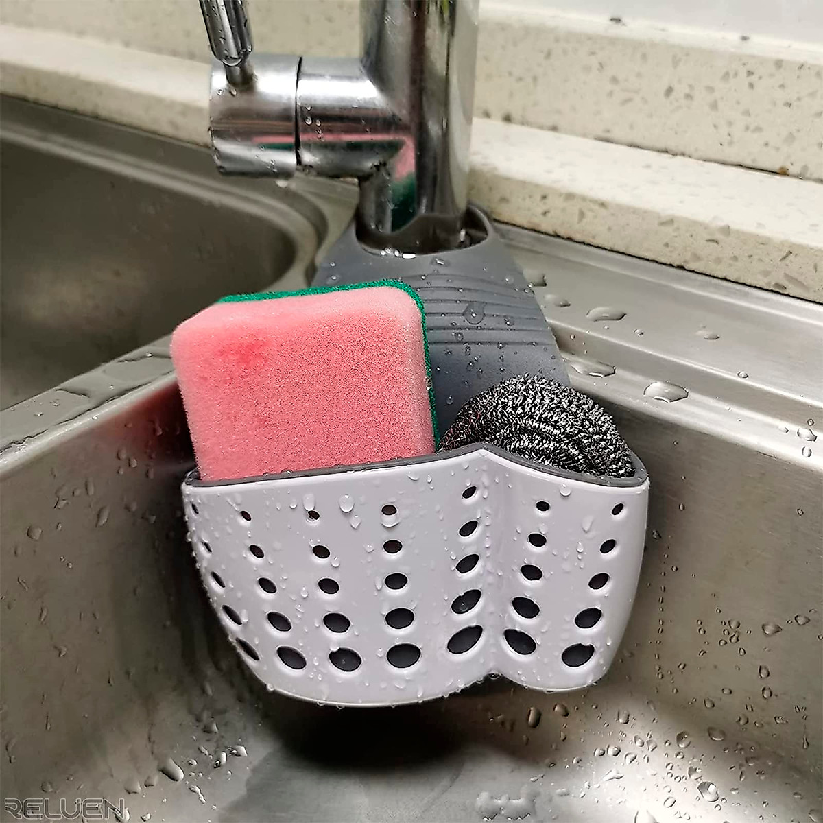Sink Caddy Sponge Holder with Strap - Adjustable Sink Caddy Silicone Sponge Holder Sink Caddy for Drying Silicone Kitchen Sink Sponge Holder - Suction Cup Sink Caddy Kitchen Sponge Holder