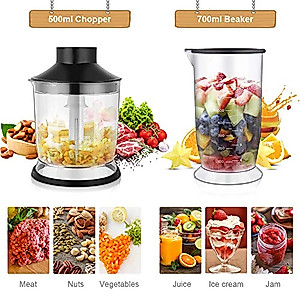 YISSVIC Immersion Hand Blender, 4 in 1 9 Speed Stick Blender with 500ml Food Grinder 700ml Container Chopper Whisk Puree Infant Food, Smoothies, Sauces Soups (1000W 4 In 1 Silver)