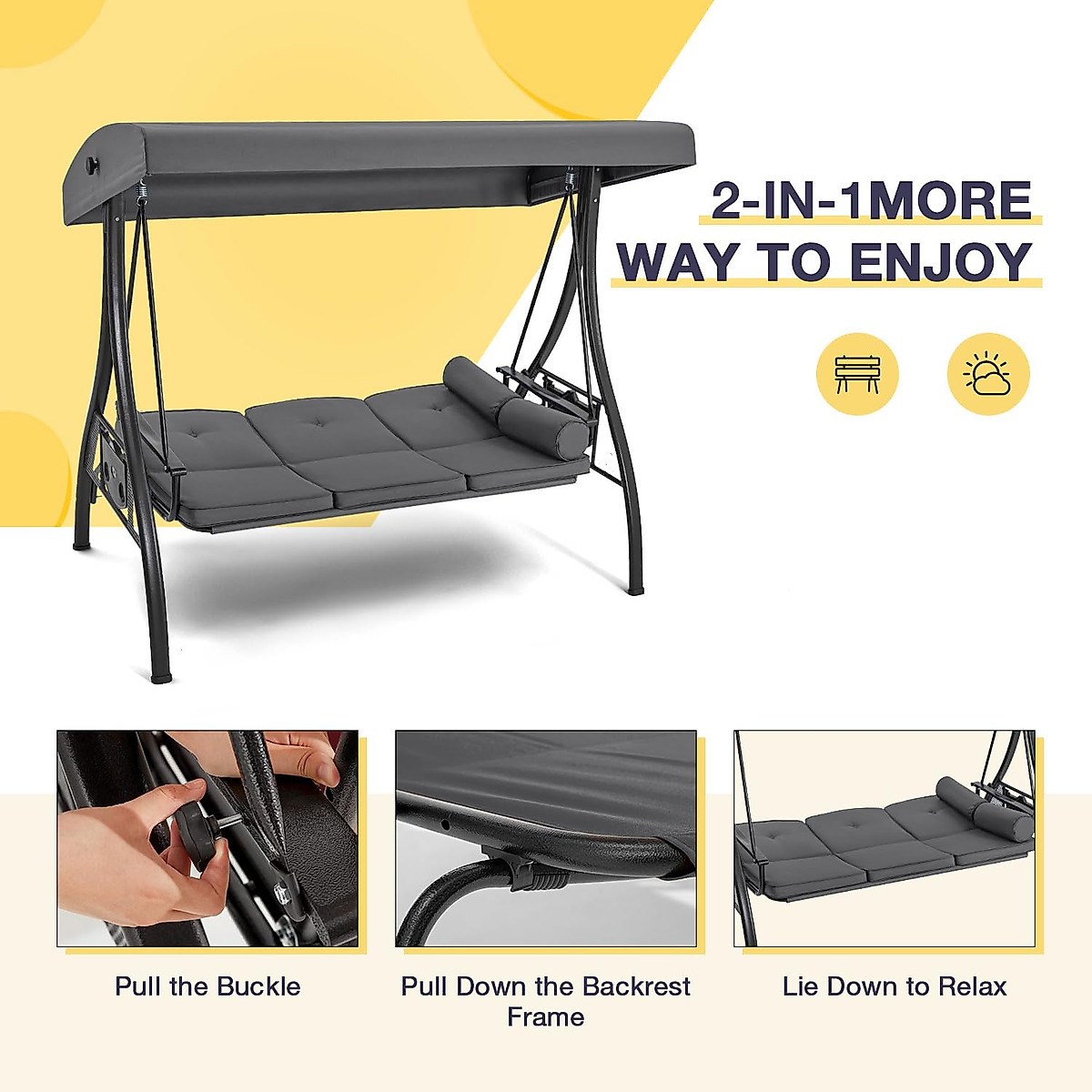 HOMREST 3 Person Outdoor Porch Swing with 1.5" Deep Cup Holder, Adjustable Canopy, Backrest, Patio Swing Bed with Weather Resistant Steel Frame, Cushions for Garden,Deck and Poolside(Grey)