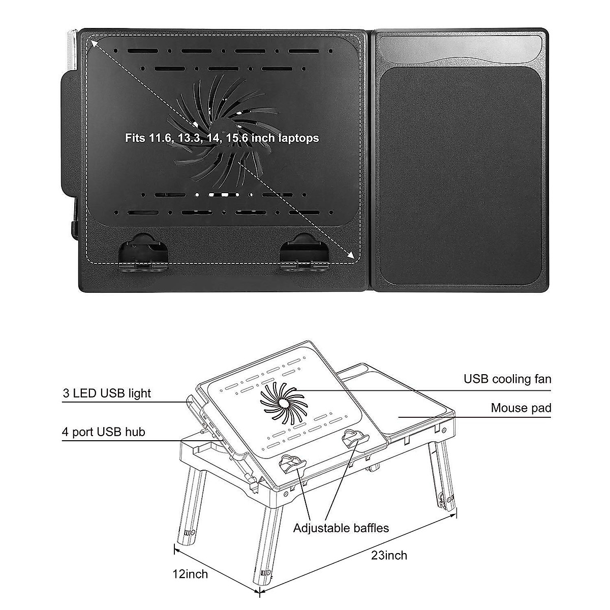 Moclever Laptop Table for Bed-Multi-Functional Laptop Bed Table Tray with Internal Cooling Fan & 2 Independent Laptop Stands-Foldable & 3 Different Height Laptop Desk-LED Lamp-4 Port USB