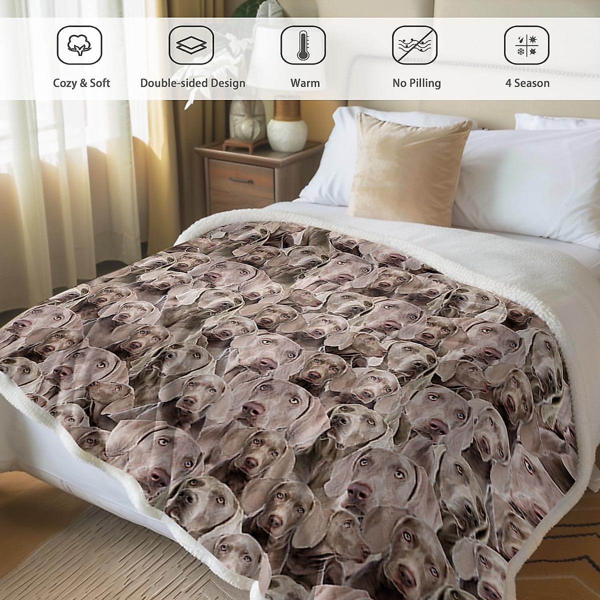 BlessLiving Fuzzy Dog Blanket for Kids Adults Puppy Lovey Fleece Blanket Reversible Animal Pattern Sherpa Throw (Weimaraner, 108x 90 Inches)