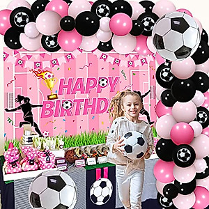 Wonmelody Soccer Birthday Party Decors for Girl Football Birthday Party Decor Sports Birthday Party Supplies Soccer Girl Happy Birthday Backdrop Pink Black Balloon Arch for Football 1st Birthday Party