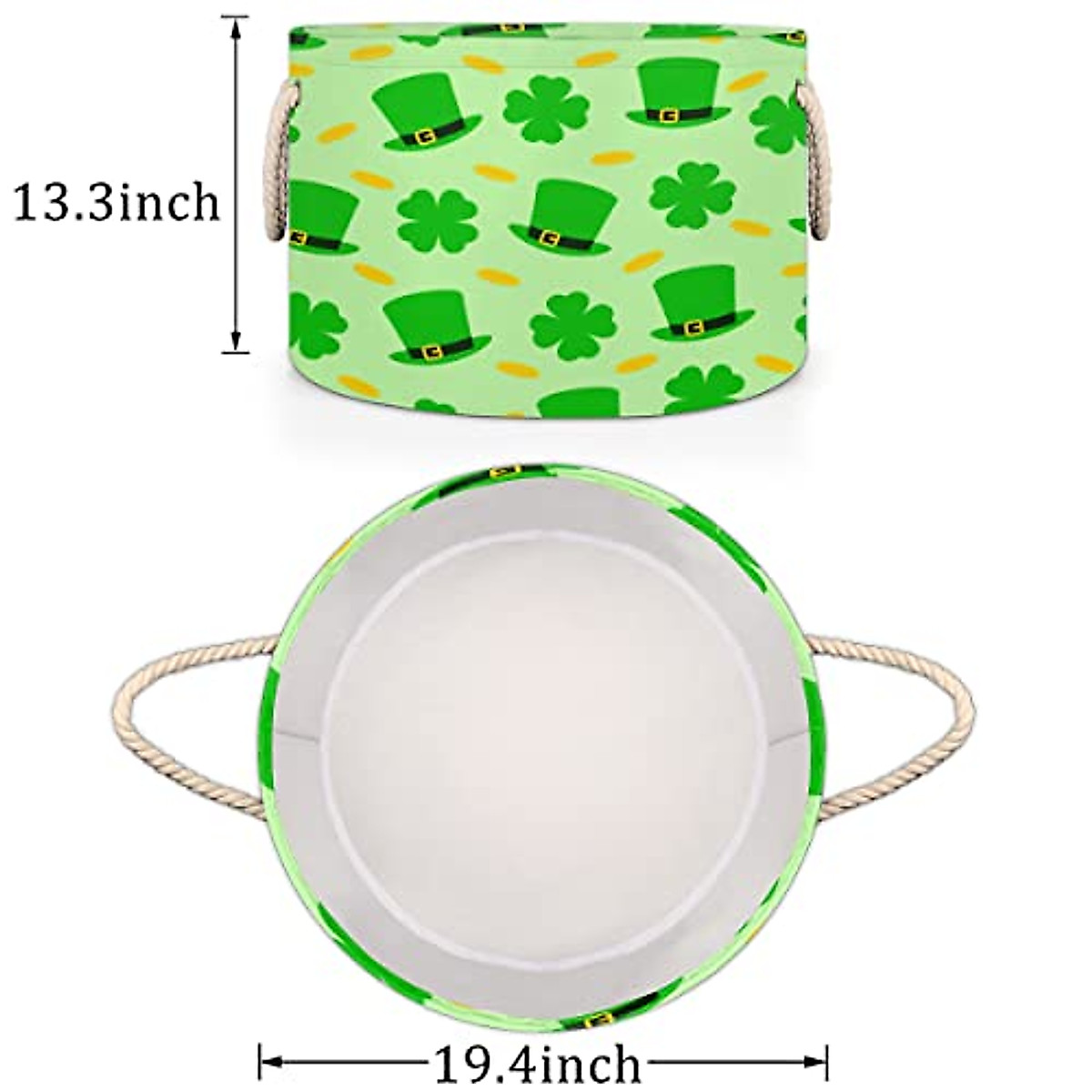 St. Patrick's Day Green Clover Leaves (10) Large Round Baskets for Storage Laundry Baskets with Handles Blanket Storage Basket for Bathroom Shelves Bins for Organizing Nursery Hamper Girl Boy