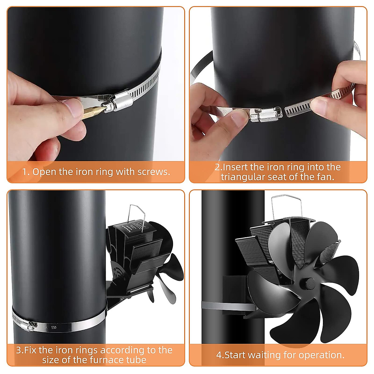 Wood Stove Fan, Pipe Fireplace Fan with Magnetic Thermometer, 6 Blades Stove Fan on Chimney, Silent Motors, Push Horizontal Air Flow, Heat Powered Wood Stove Fan for Wood Burning Stove/Gas/Pellet/Log