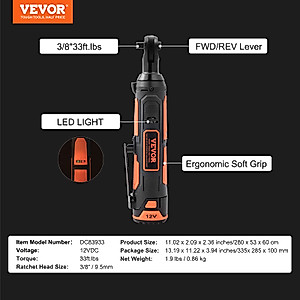 VEVOR 3/8" Cordless Electric Ratchet Wrench Set, 33 Ft-lbs 12V Power Ratchet Tool Kit with 45-Min Fast Charge, 2-Pack 2.0Ah Battery, Built-in LED Light, Variable Speed Trigger, 10 Sockets