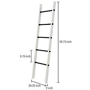 MyGift 5-ft Vintage White Wood Leaning Quilt and Blanket Ladder with Metal Pipe Rungs, Bathroom Towel Storage Rack with 5 Hanging Bars