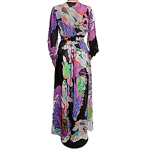 lvenzse Womens Chiffon Deep V Neck Printed Stylish Maxi Dress Dresses High Slim Waisted Belt Plus Size