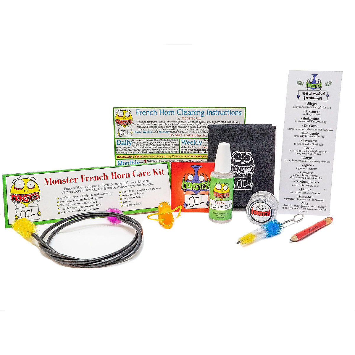 Monster French Horn Care and Cleaning Kit | Rotor Valve Oil w/Easy-to-Use Needle Applicator Tip, Slide Grease, and Cleaning Brushes to Take Care of Your French Horn