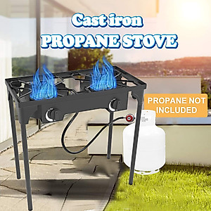 Outdoor & Indoor Portable Propane Stove, Single & Double Burners with Gas Premium Hose, Detachable Legs for Backyard Kitchen, Camping Grill, Hiking Cooking, Outdoor Recreation (DB02-Large,2 Burners)