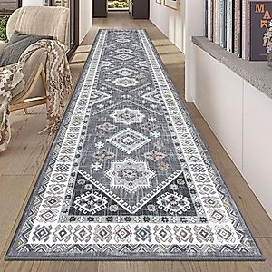 HEBE RUGS Runner Rug, Non-Slip Washable Boho Rug Runner for Hallway, Vintage Floor Carpet for Kitchen, Entryway, Bathroom, Bedroom, Farmhouse, Laundry (2x10Ft, Grey)