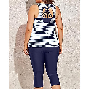 Yonique 3 Piece Plus Size Swimsuits for Women Tankini Tops with Sports Bra and Swim Capris Athletic Bathing Suits Blue and Stripes 20 Plus