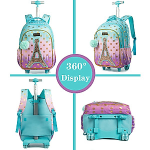Meetbelify Rolling Backpack for Girls Rolling Backpacks with Wheels Trolley Trip Luggage for Elementary Student with Lunch Box