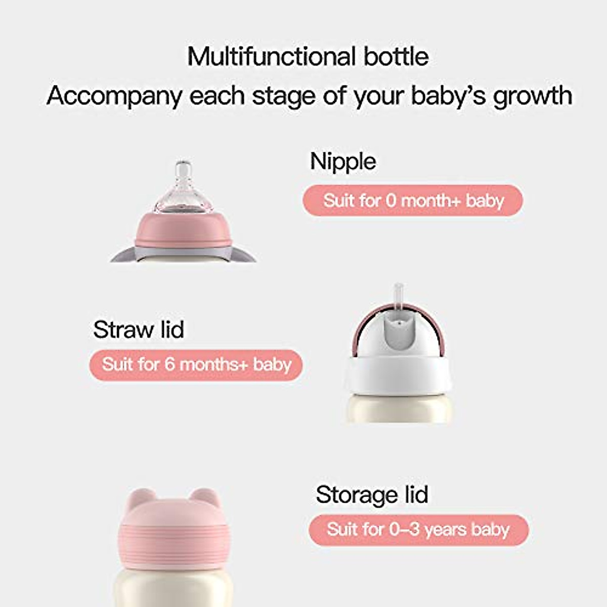 POTATO Baby Thermos Cup Water Bottle for Kids Stainless Steel Sippy Cup with 3 Kinds of Lids,Keeps Cold for 8 Hours 8 oz, Pink