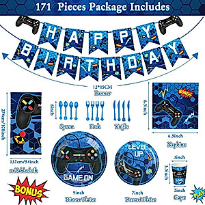172 Pieces Video Game Party Decoration Set Game Happy Birthday Banner Gamer Party Supplies Plastic Tablecloth Paper Plates Tableware for Boy Girl Player Birthday Party Pack, Serving 24 Guests (Blue)