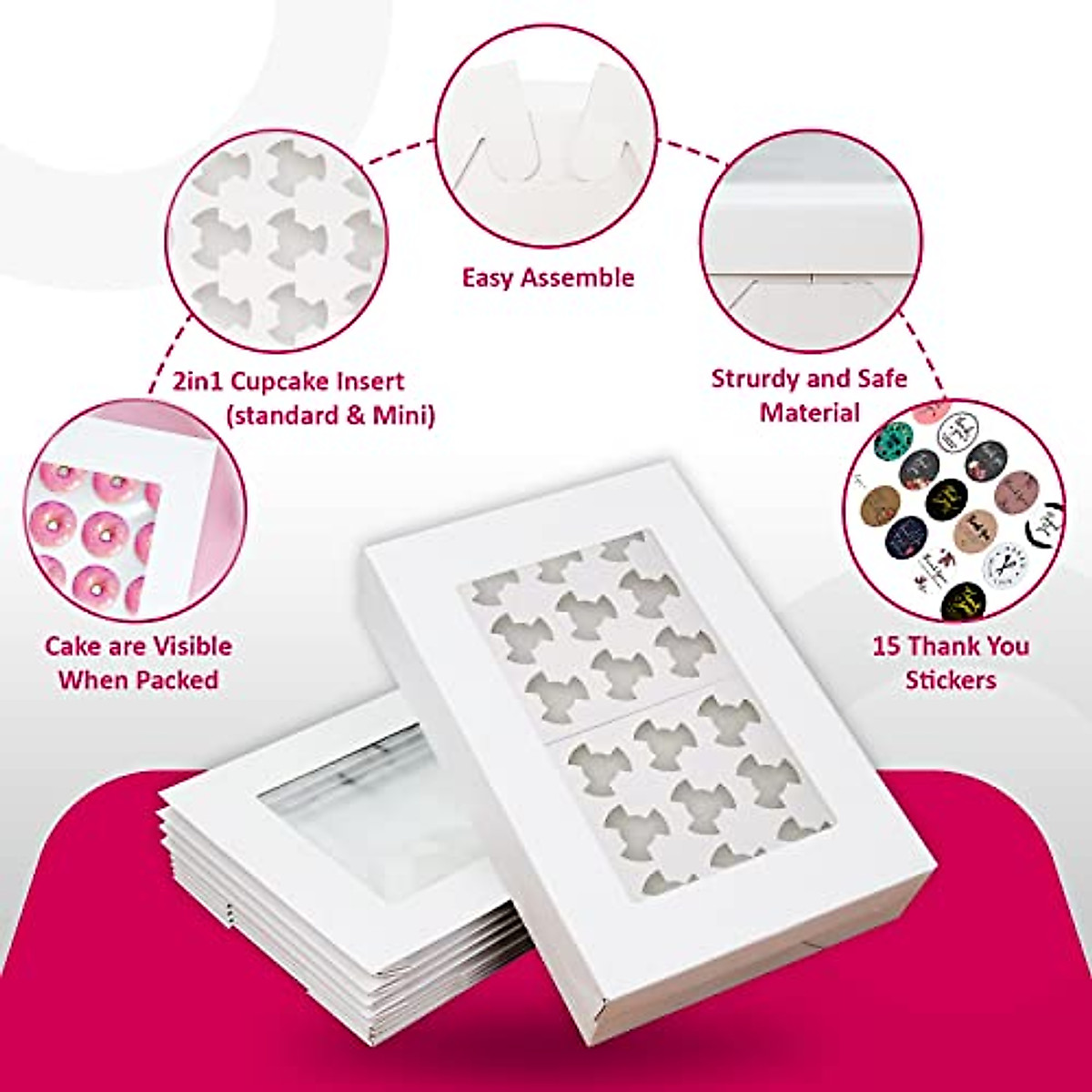 VTPT Ecom - 5PK Cupcake Box with Window for 24 Standard or Mini Cupcakes Corrugated Adjustable Height Bakery box ideal for Muffins Cake Cookies Donuts Pies Desserts and other Pastries + Thank You Stickers