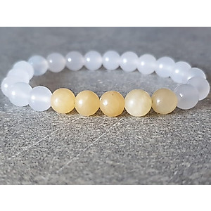 LKBEADS Natural White Agate & Yellow Jade 8mm rondelle smooth 7inch Semi-Precious Gemstones Beaded Bracelets for Men Women Healing Crystal Stretch Beaded Bracelet Unisex