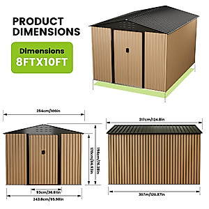 CuisinSmart Large Metal Storage Shed, 10 x 8 FT Outdoor Storage Shed, Metal Garden Tool Shed with Roof, Door & Lock, Waterproof and Anti-UV, for Patio Garden Yard, Brown
