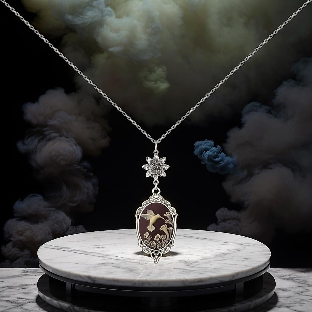 Yspace Lotus Charm Necklace Antique Decor Cameo Pendant 2 Chains Velvet Pouch for Gift (Hummingbird)