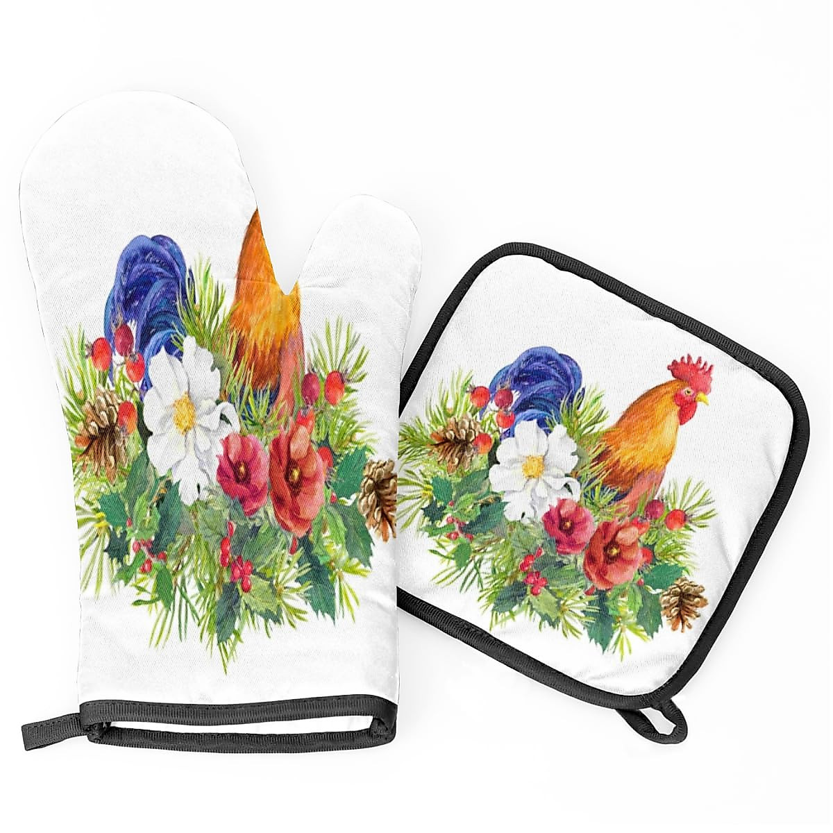 Rooster Bird Oven Mitts and Pot Holders Sets Heat Resistant Non Slip Oven Glove and Insulated Kitchen Counter Mat Suitable for Cooking Baking Grill