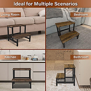 Tigerden Wooden 2 Step Stool for Toddlers Kids and Adults, Heavy Duty Stepping Stools with 500 LB Load Capacity, Foot Step Stool for Bed, Living Room, Bathroom, Kitchen - Rustic Brown & Black