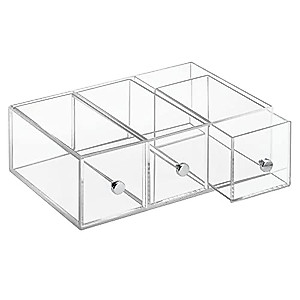 mDesign Plastic Kitchen Pantry Stackable Storage Organizer Container Station with 3 Drawers for Cabinet, Countertop, Holds Coffee, Tea, Sugar Packets, Creamers - Lumiere Collection - 4 Pack - Clear