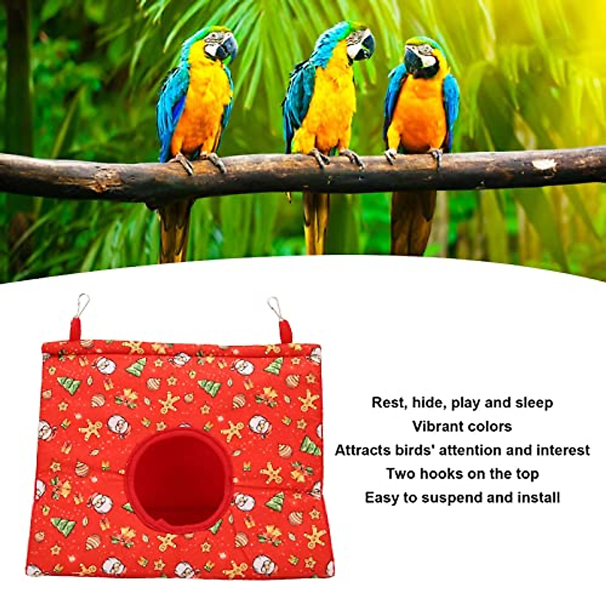 Pssopp Bird Snuggle Hut, Bird Hanging Hammock Tent Toy Bird Cave Hanging Tent Birds Hideaway Sleeping Bed Fuzzy for Resting Hiding Playing Red Christmas