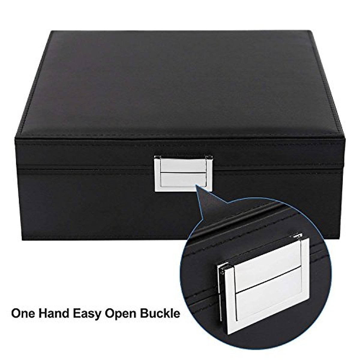BEWISHOME Earring Organizer Holder for Cufflinks, Rings, Pendants, Chain - 50 Slots Case, 6 Necklace Hook, 2 Stackable Trays - Elegant Jewelry Storage Box for Girls Women, Black Faux Leather SSH11B