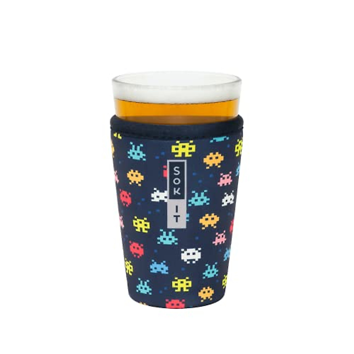 Sok It Pint Sok Beer Glass Sleeve Insulated Neoprene Cover (Pixel Monsters, Pint Glass Sleeve)