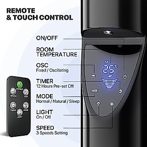mollie Oscillating Quiet Tower Fan with Remote Control 3 Speeds 12H Timer Portable LED Display 47 Inch Electric Air Circulator Cooling Floor Standing Fan for Home Bedroom Office Living Room Black