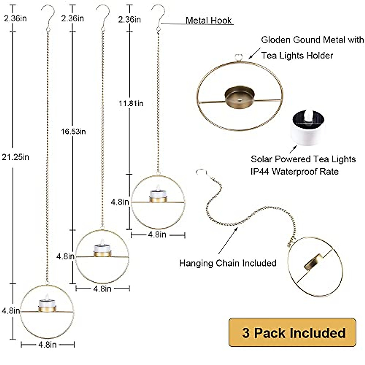 Solar Hanging Candle Lanterns Lights, ALL FORTUNE Outdoor Round Golden Metal Candle Lantern Holder with Flameless Tea Lights, Perfect for Garden, Backyard Decor, Home, Tree, Yard-Set of 3