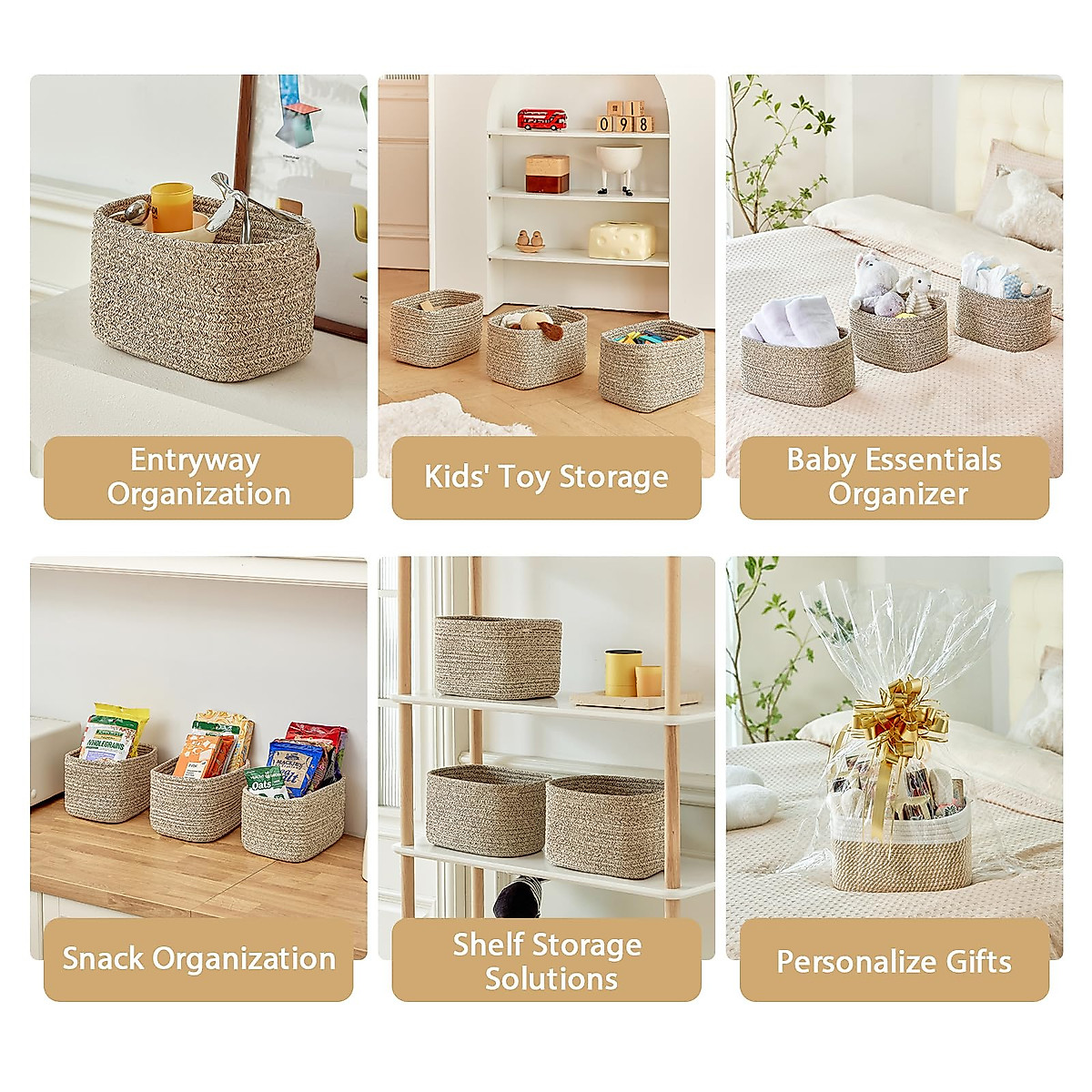 R RUNKA Small Cotton Rope Storage Basket Set of 3-11"x7"x7" Perfect Woven Baskets for Storage, Ideal Storage Baskets for Organizing Toys, Towels, and More - Baskets for Shelves and Home Decor（Beige）