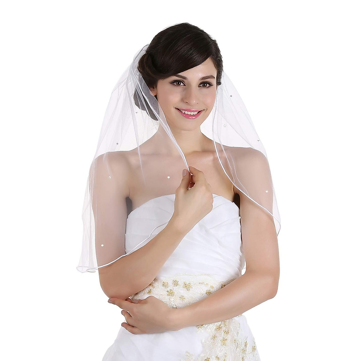 SAMKY 1T 1 Tier Rhinestone Crystal Rattail Edge Veil - Shoulder Length 25" White V231