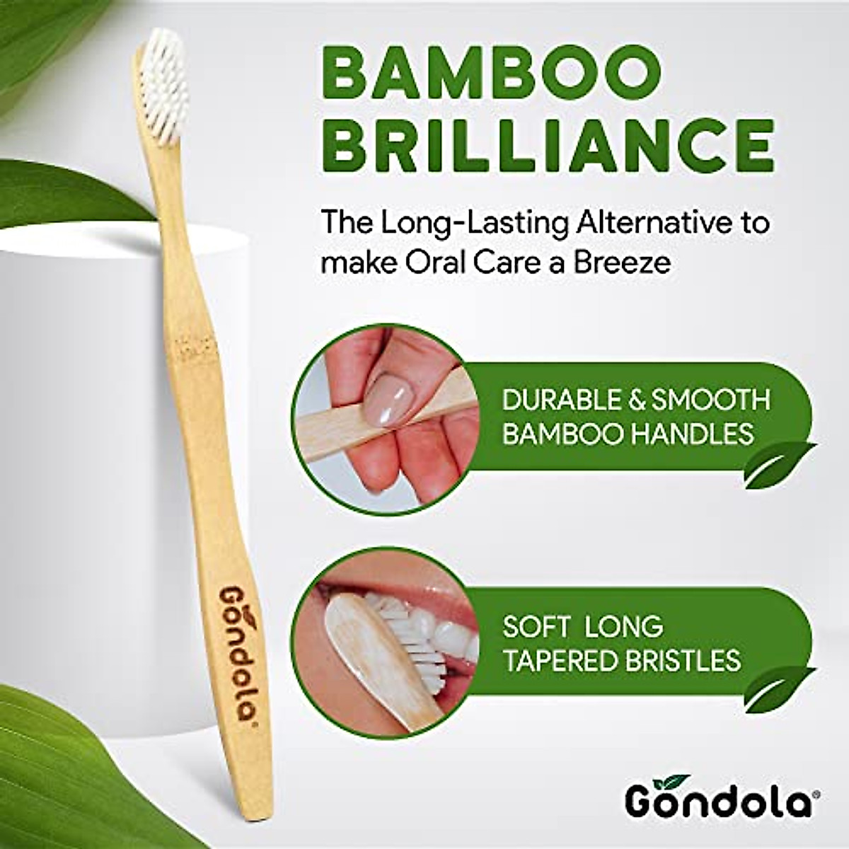 Gondola Adults Bamboo Toothbrushes- Eco Friendly Wooden Toothbrushes with Soft Bristles & Smooth Bamboo Handles - Biodegradable & Zero Waste Packaging-4 Pack